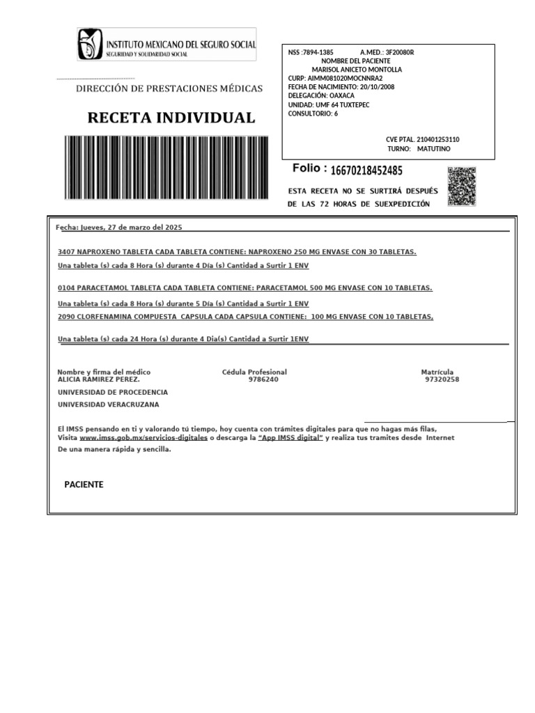 Receta Médica para Marisol Aniceto | PDF