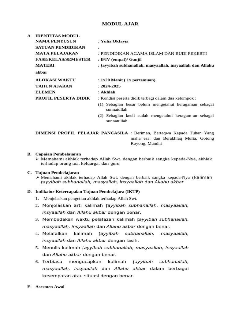 Modul Ajar Akhlak Kls. 4 Kumer | PDF