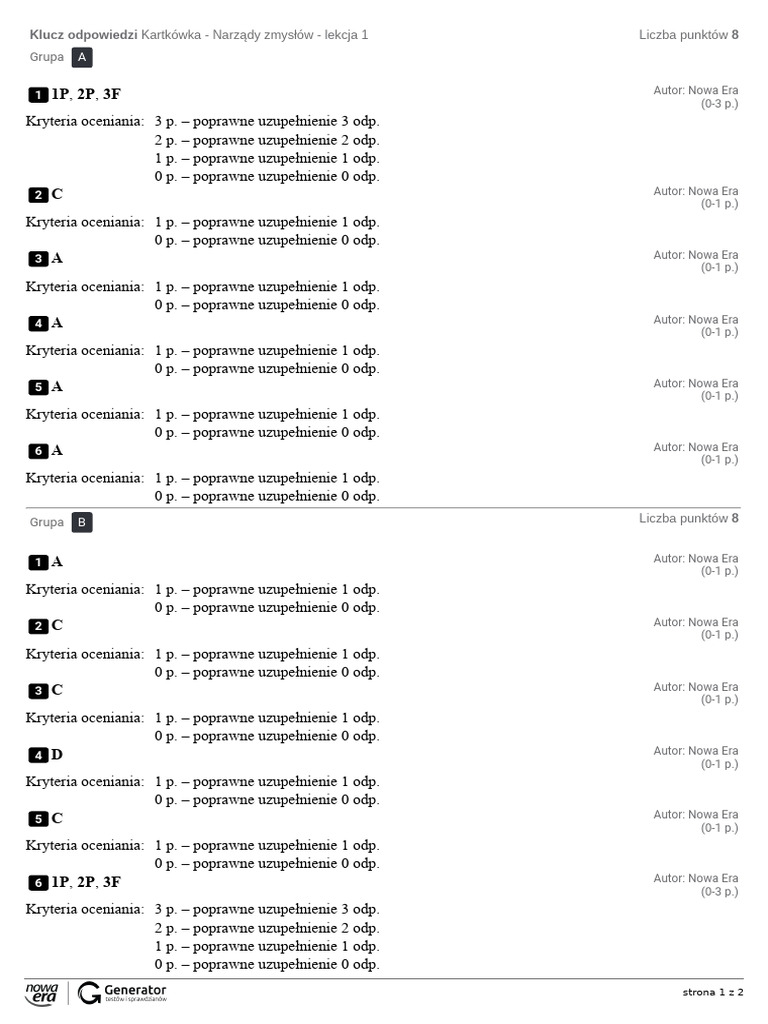 Kartkówka - Narządy zmysłów - lekcja 1 Klucz odpowiedzi | PDF
