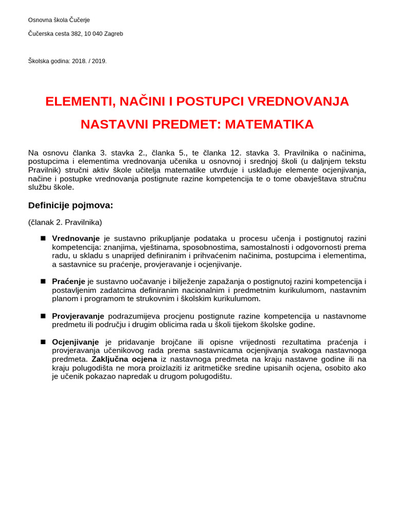 Prijedlog Kriterija Ocjenjivanja Iz Matematike Za 2018 - 19 | PDF