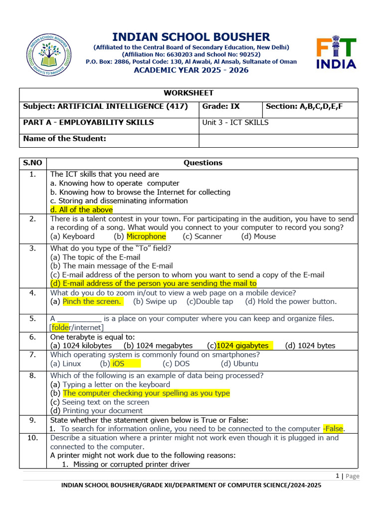 Class Ix - Worksheet - Ict Skills - With Answ | PDF | Input/Output ...