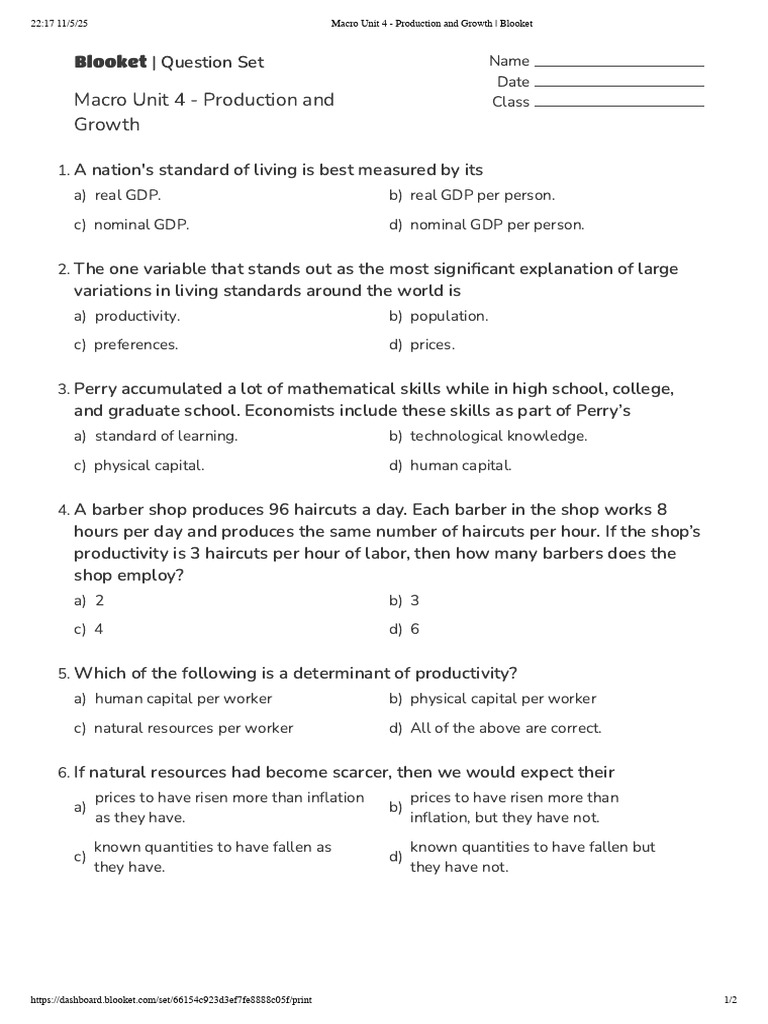 Macro Unit 4 - Production and Growth - Blooket | PDF | Macroeconomics | Human Capital