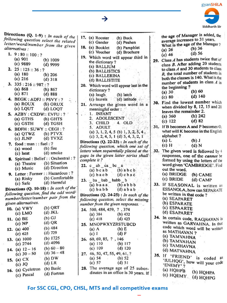 SSC Reasoning Practice Set 2 - GyanSHiLA | PDF