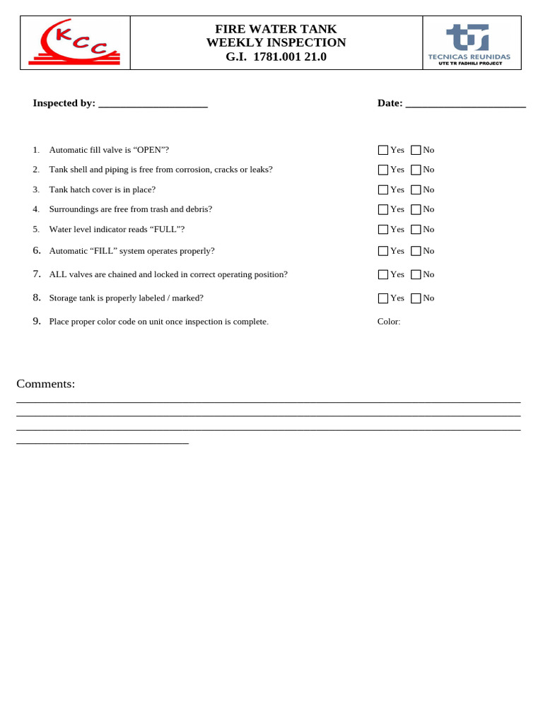 Weekly Fire Water Tank Inspection Checklist | PDF