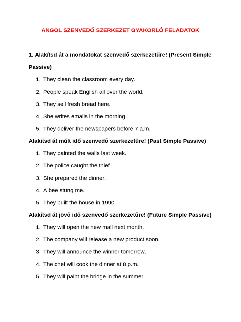 Angol Szenvedő Szerkezet Gyakorló Felad | PDF