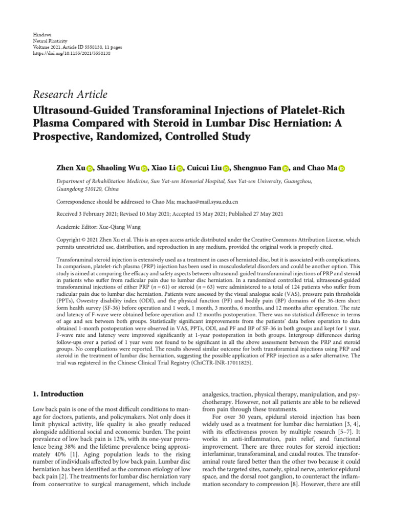 Ultrasound-Guided Transforaminal Injections of Platelet-Rich Plasma ...