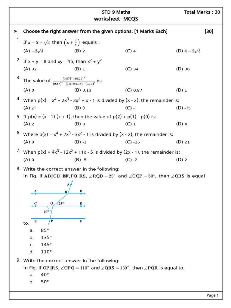 9th Work Sheet - MCQS | PDF | Sphere | Area