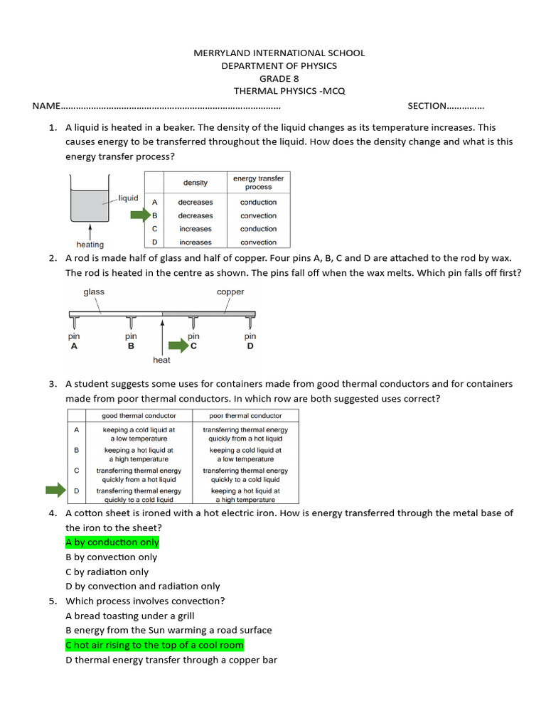 Thermal Physics MCQ Answer Key | PDF | Convection | Heat