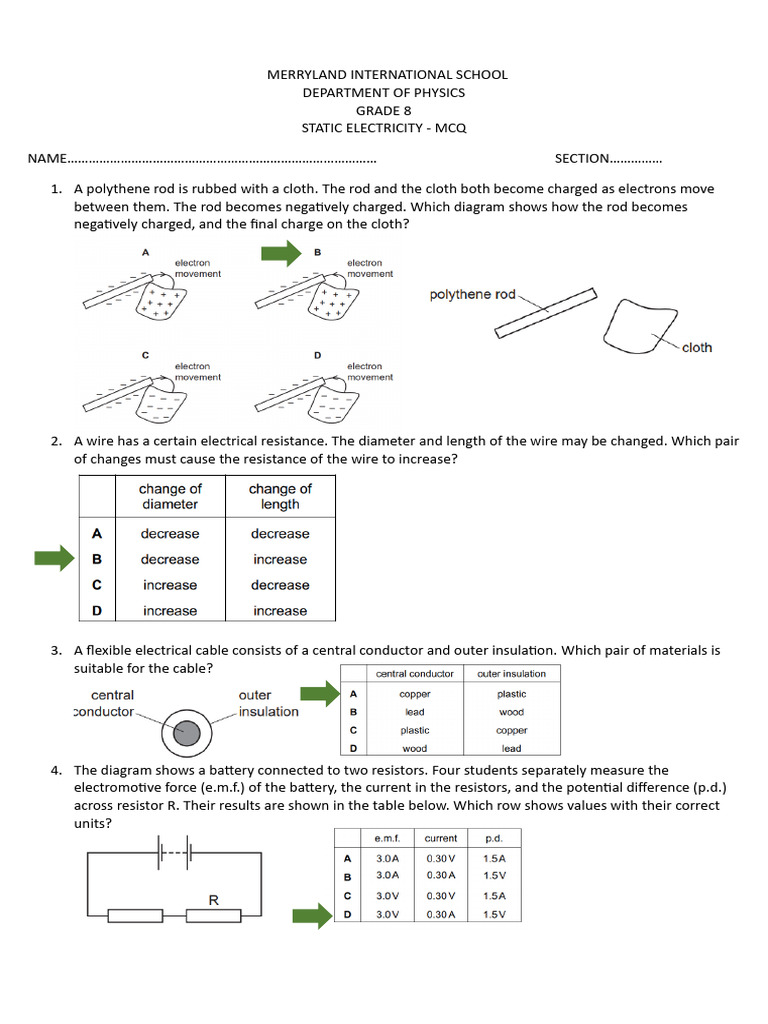Grade 8 Static Electricity MCQs | PDF | Electric Charge | Wire