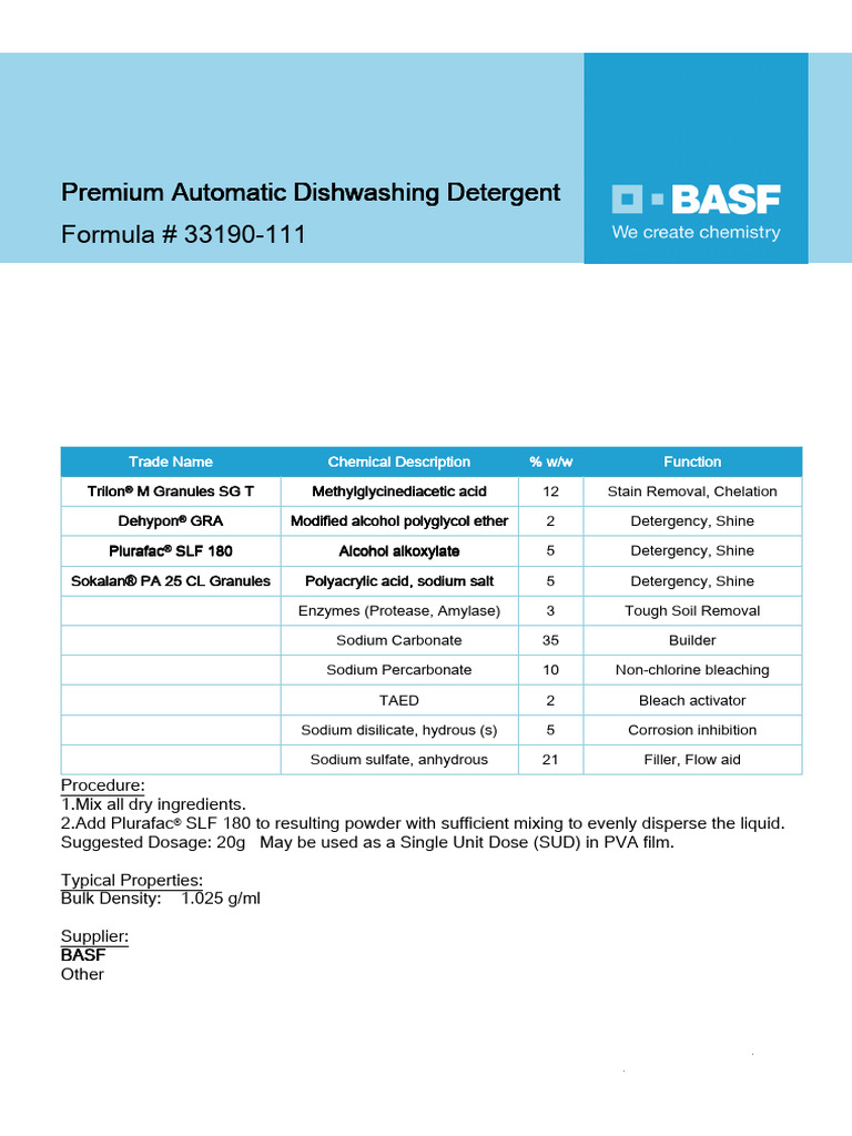 Premium Automatic Dishwashing Detergent (Formula #33190-111) | PDF ...