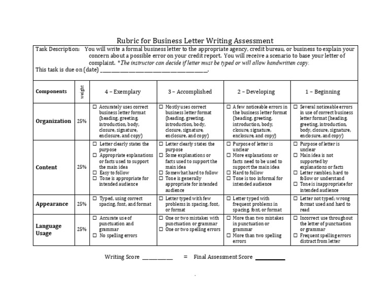 Business Letter Writing Rubric | PDF | Human Communication | Writing