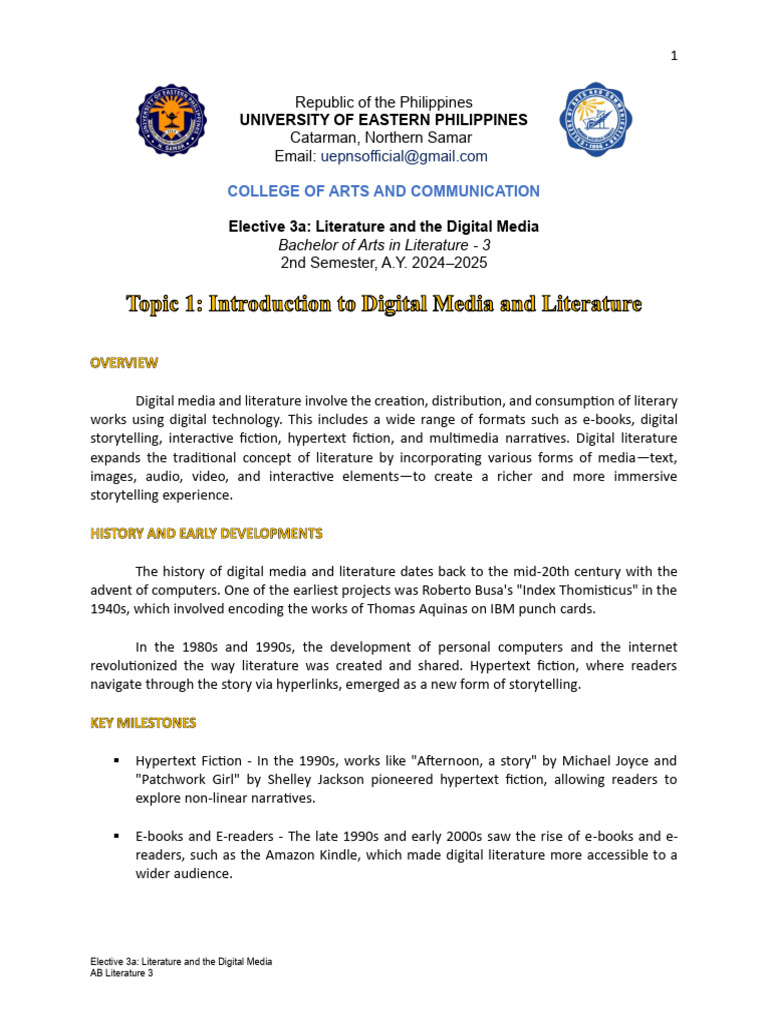 Topic 1 Introduction To Digital Media and Literature | PDF | Hypertext ...