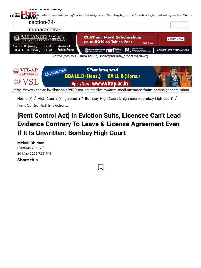 (Rent Control Act) in Eviction Suits, Licensee Can't Lead Evidence ...