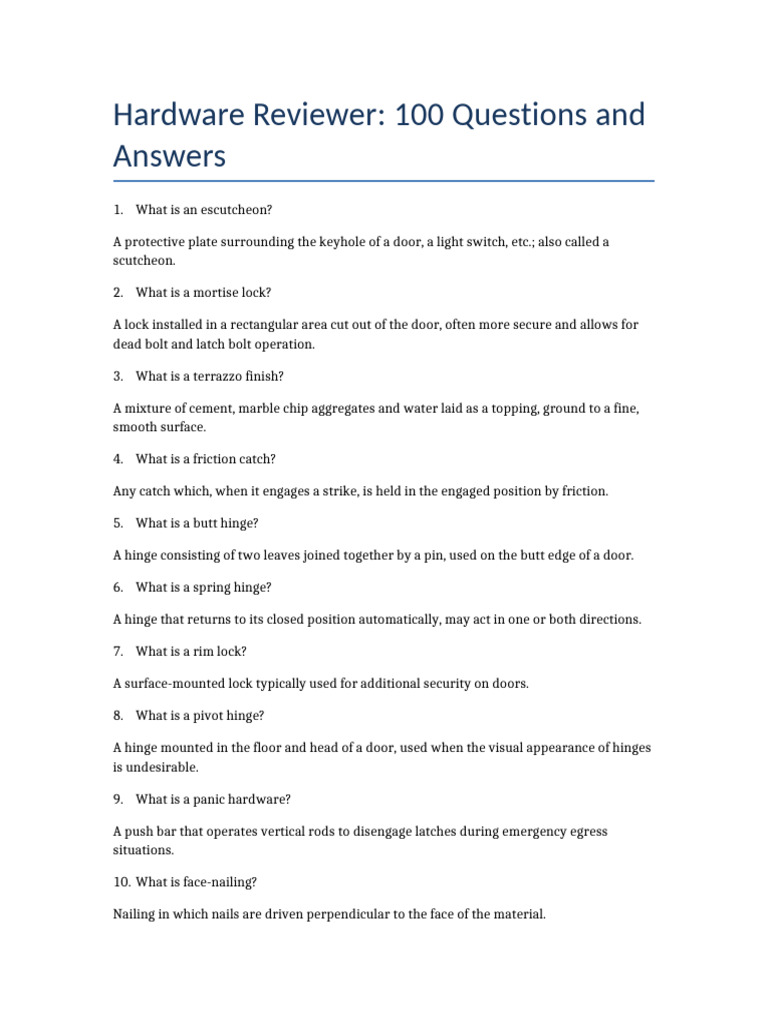 Hardware Reviewer 100 QA With Answers | PDF | Door