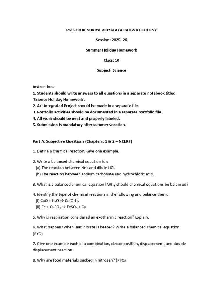 Class 10 Science Holiday Homework 2025 | PDF | Foods | Chemical Reactions