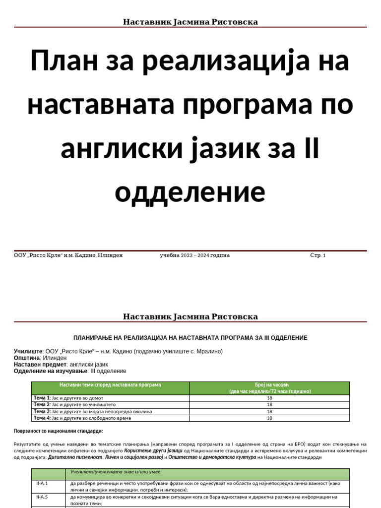 Plan Za Realizacija Na Nastavnata Programa Po Angliski Jazik Za III Odd ...