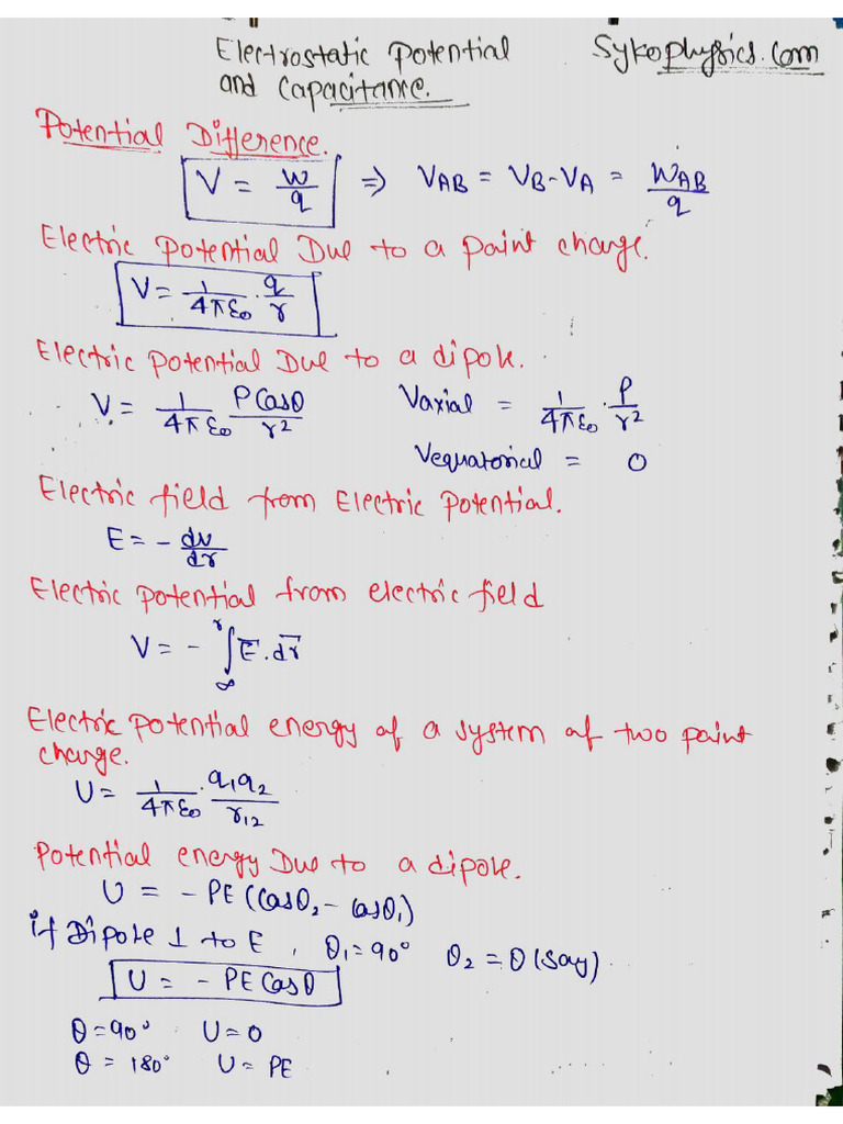 Formula Sheet Electric Potential and Capacitance Class 12 Physics | PDF