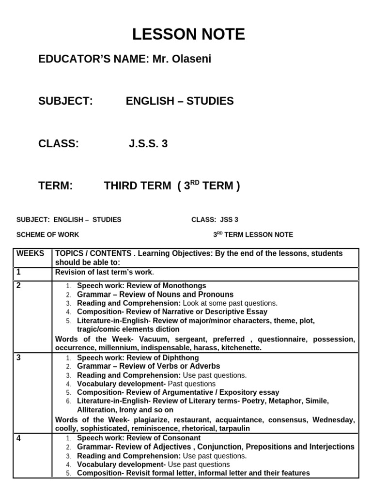 English JSS3 3RD Term L-Note | PDF | Verb | Adverb