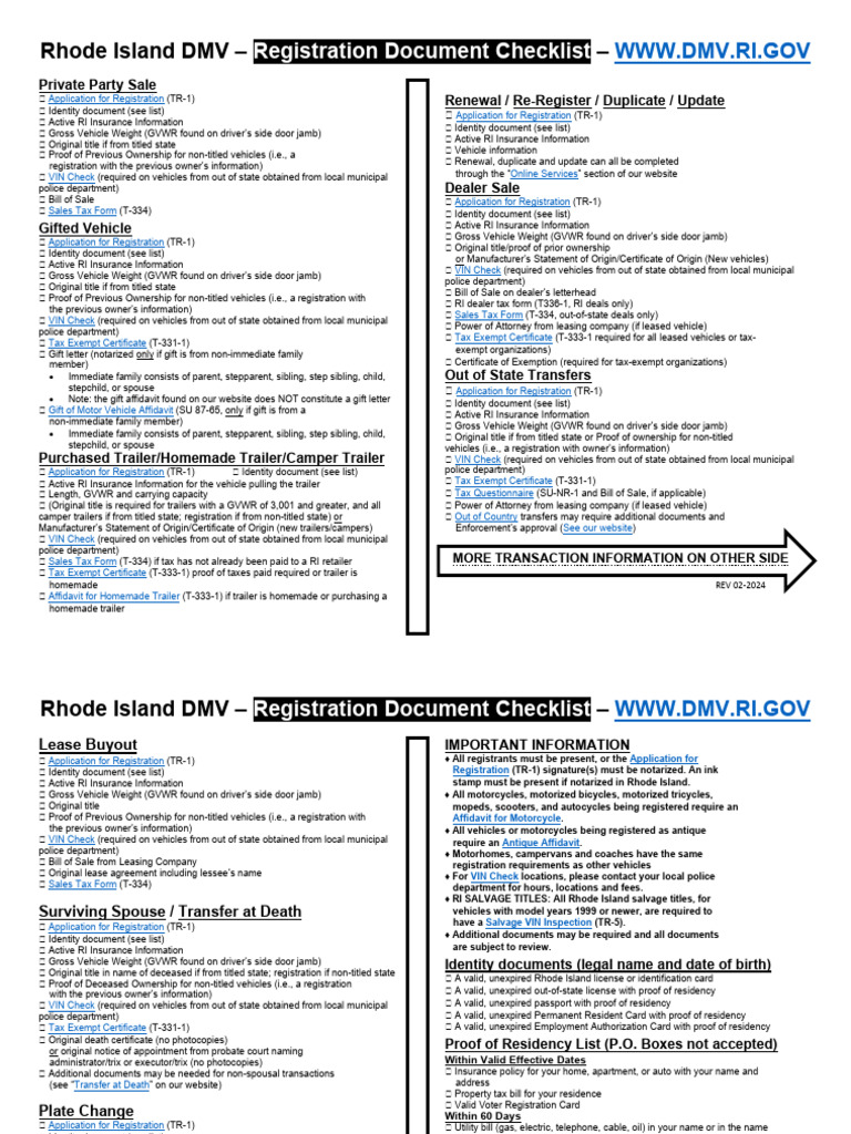 Rhode Island DMV Registration Checklist | PDF | Identity Document ...