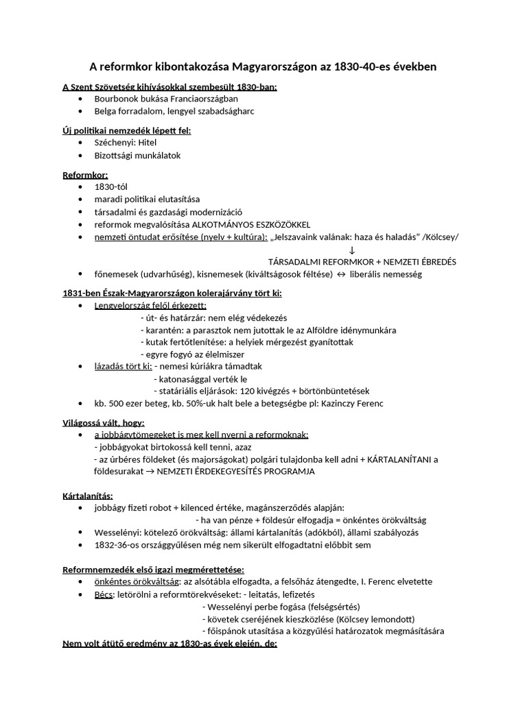 A Reformkor Kibontakozása Magyarországon Az 1830-40-Es Években | PDF