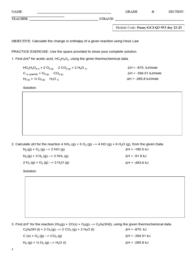 Hess's Law Enthalpy Calculation Exercises | PDF | Unit Processes ...