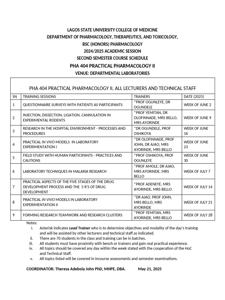 Pha 404 2024 2025 Course Schedule T A John May 21 2025 | PDF | Pharmacology | Medicine