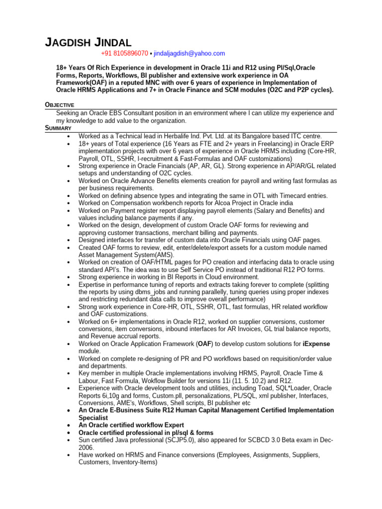 Resume Jagdish-Jindal-2 | PDF | Oracle Corporation | Payroll