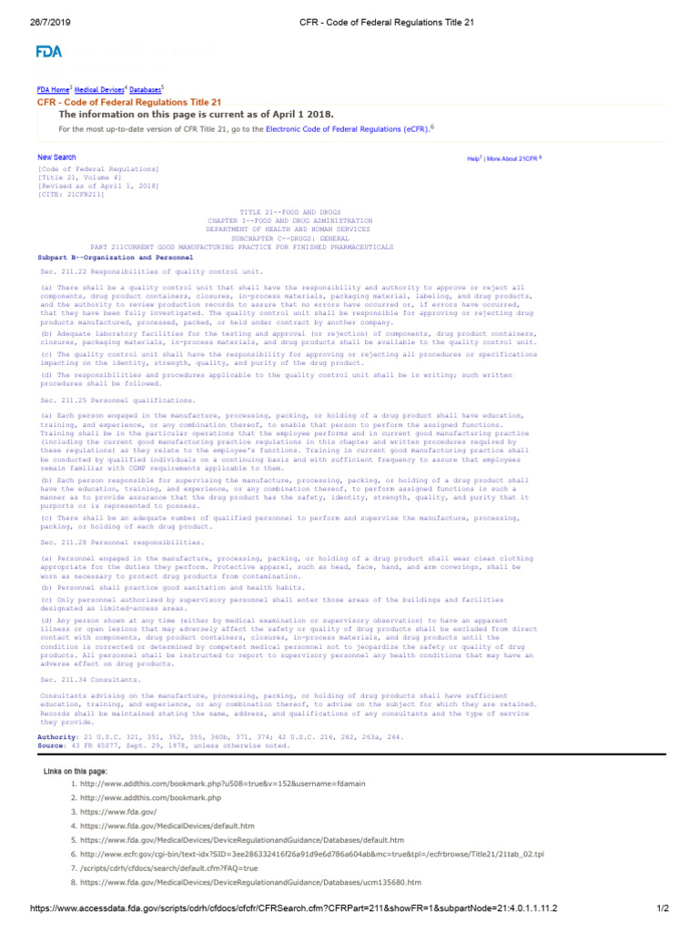 FDA CFR Title 21: Drug Manufacturing Standards | PDF | Code Of Federal ...