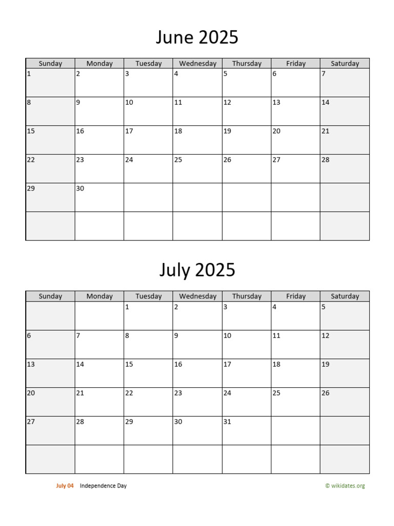 June July Two Months 2025 Calendar Vertical | PDF