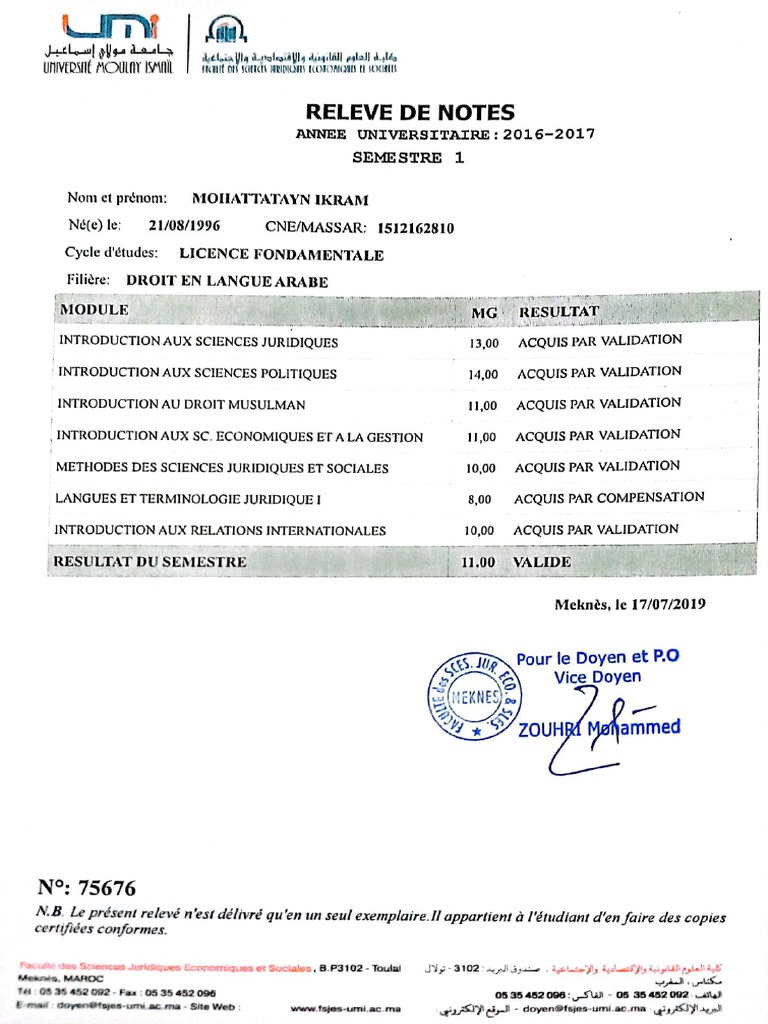 Relevés de Notes Licence | PDF