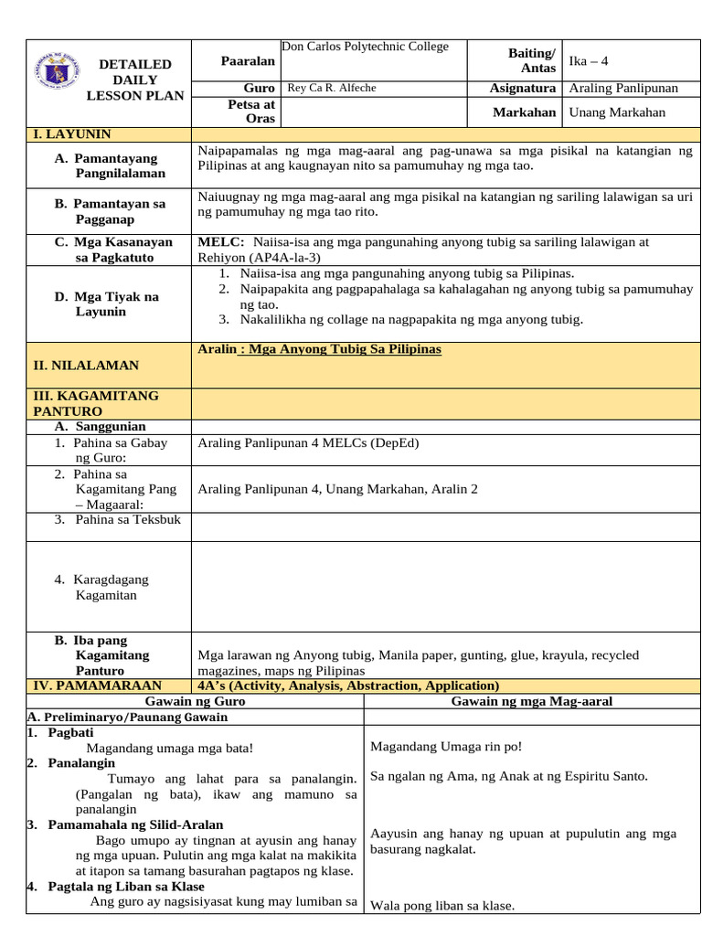 Aral Pan. Lesson Plan | PDF
