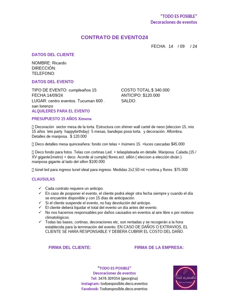 CONTRATO DE EVENTO (1) | PDF