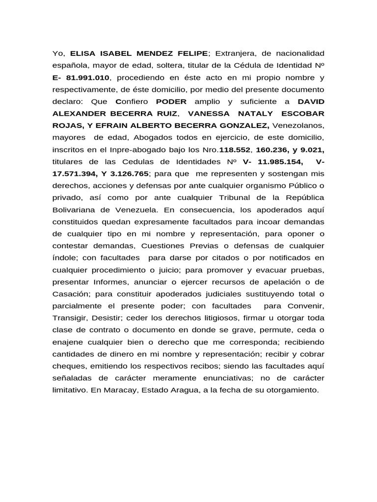 PODER AMPLIO de Cuñada de Vanessa | PDF | Propiedad | Cheque