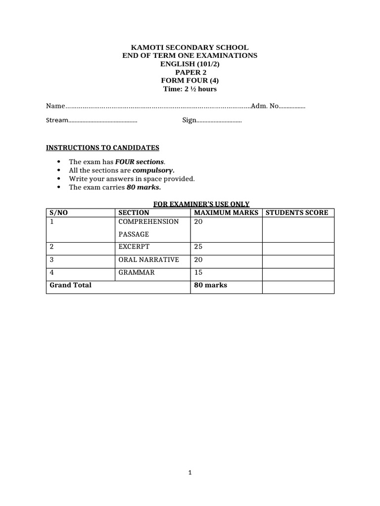 English Form 4 Paper 2 - Zeraki Achievers 4.0 | PDF