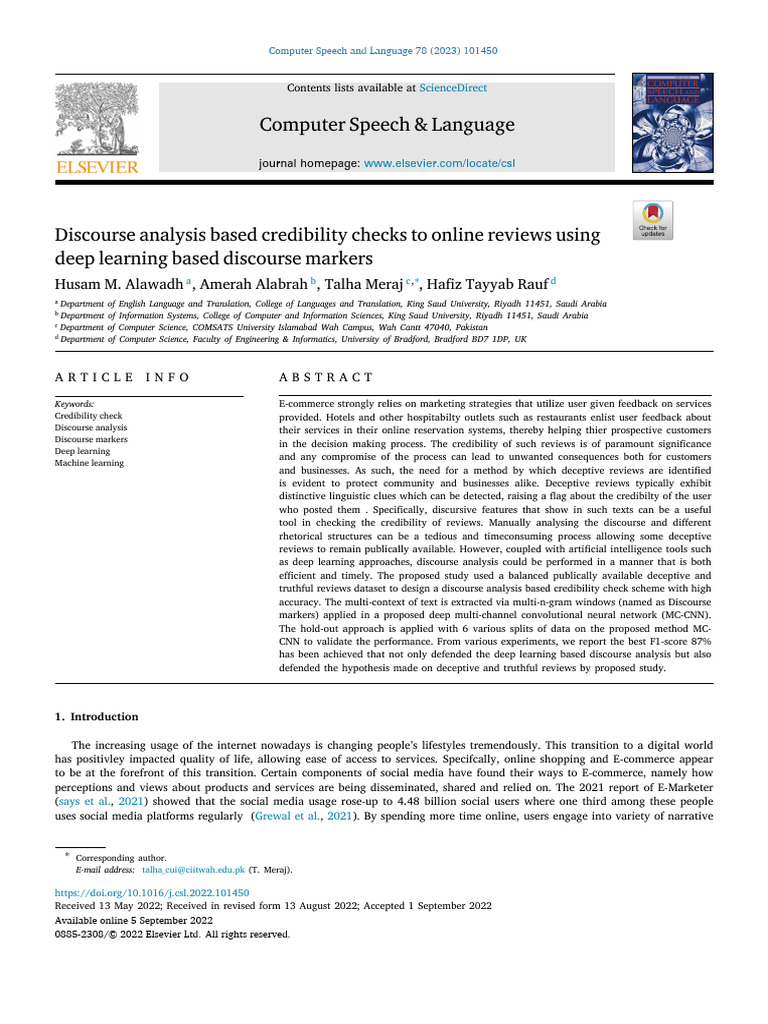 251-2023 Discourse analysis based credibility checks to online reviews using deep learning based ...