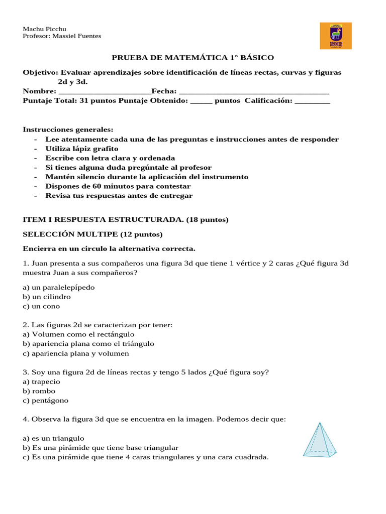 Prueba de Figuras 2D y 3D 1° Básico | PDF | Geometría | Geometría Elemental