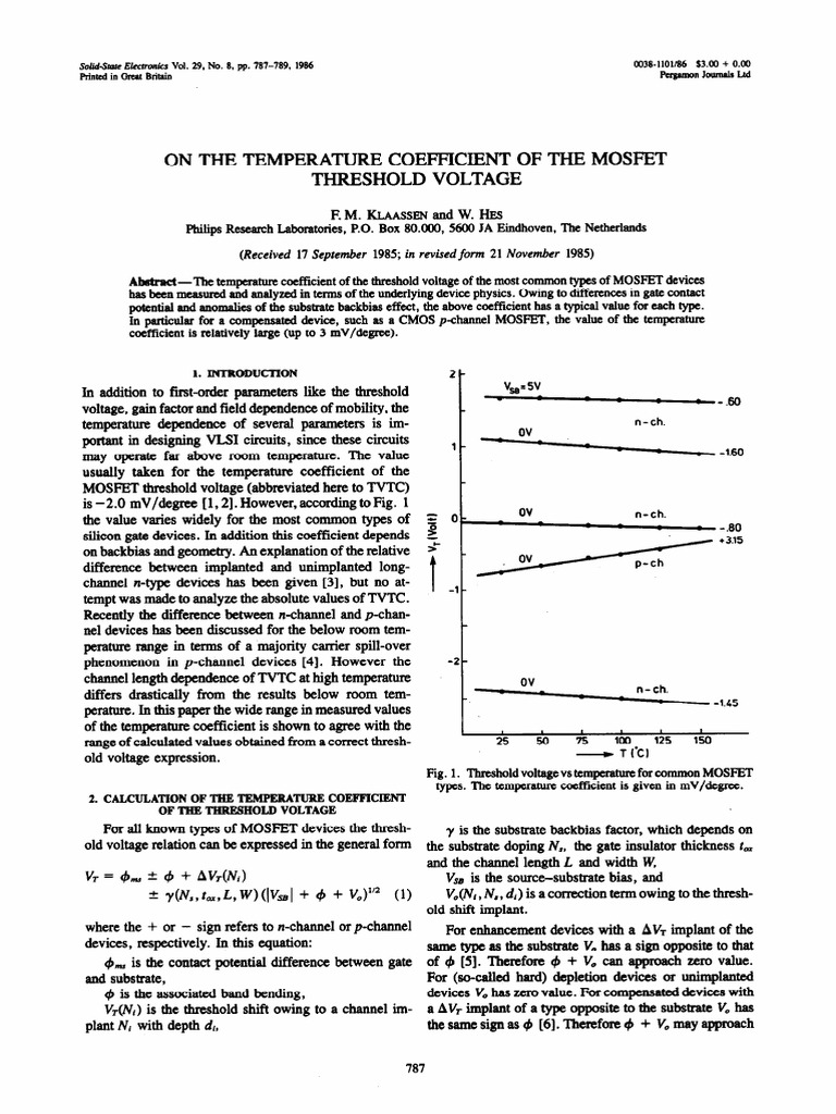 1986 - KLAASSEN - On The Temperature Coefficient of The MOSFET Threshold Voltage | PDF | Mosfet ...