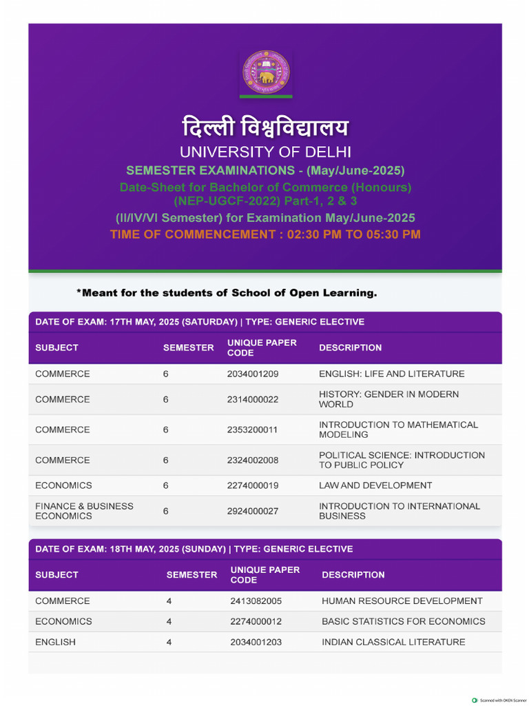 Final Datesheet Bcom Hons | PDF