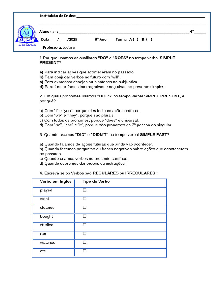 Uso de Auxiliares em Inglês: DO, DOES, DID | PDF | Mecânica da ...