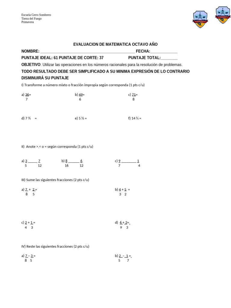 PRUEBA de Matematicas Fracciones | PDF | División (Matemáticas ...