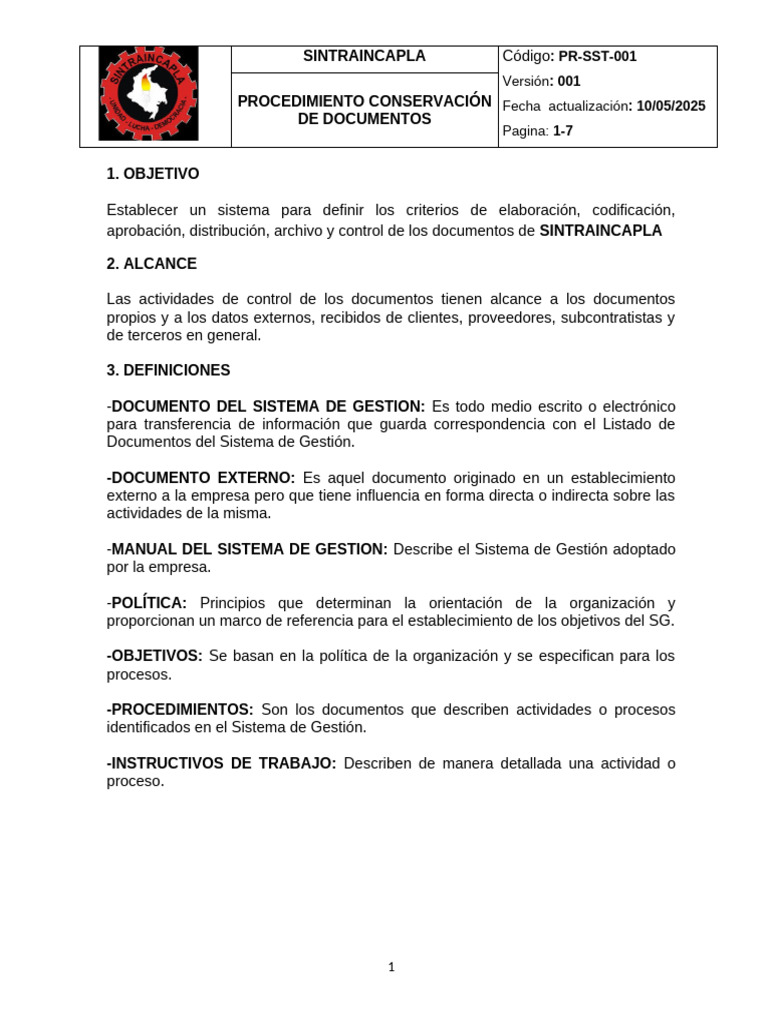 PR - SST - 001 Procedimiento Control de Documento | PDF | Calidad (comercial)
