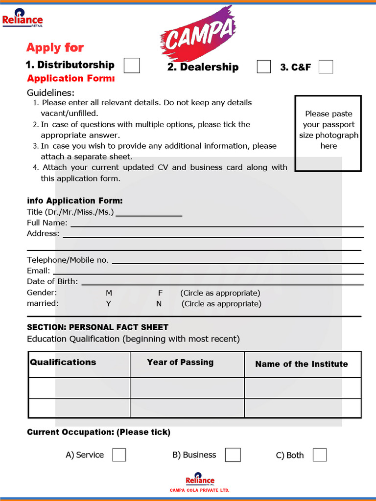 Campa Cola Reliance Industries Application Form | PDF