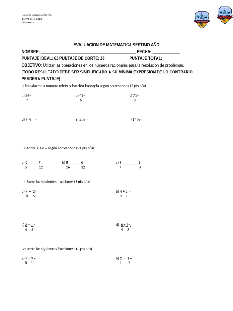 PRUEBA DE FRACCIONES SEPTIMO | PDF