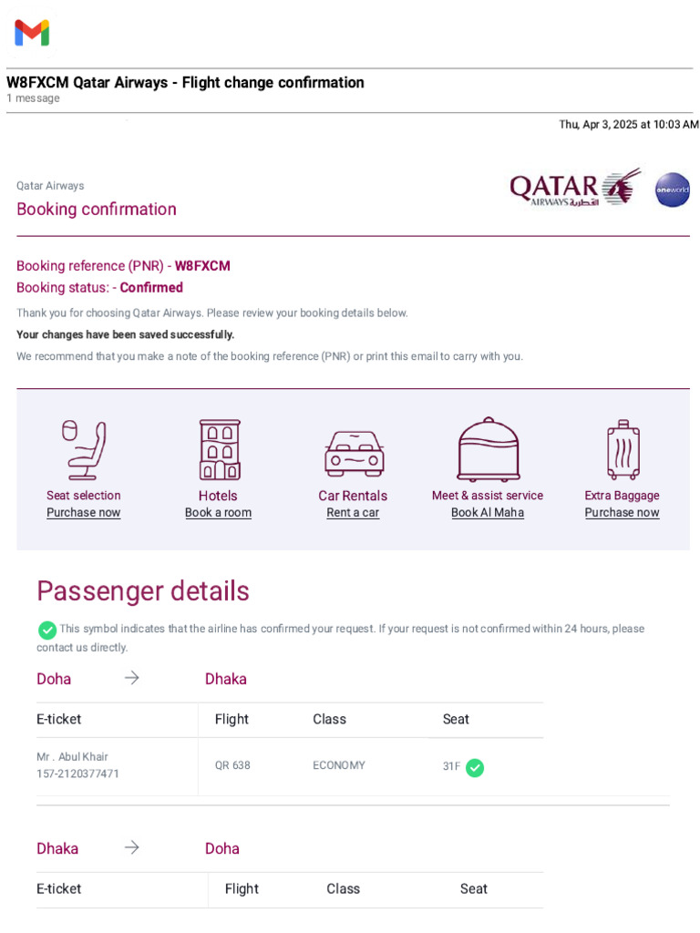 Gmail - W8FXCM Qatar Airways - Flight Change Confirmation | PDF ...