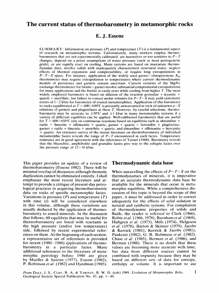 Essene 1989 The Current Status of Thermobarometry in Metamorphic Rocks | PDF | Minerals | Petrology