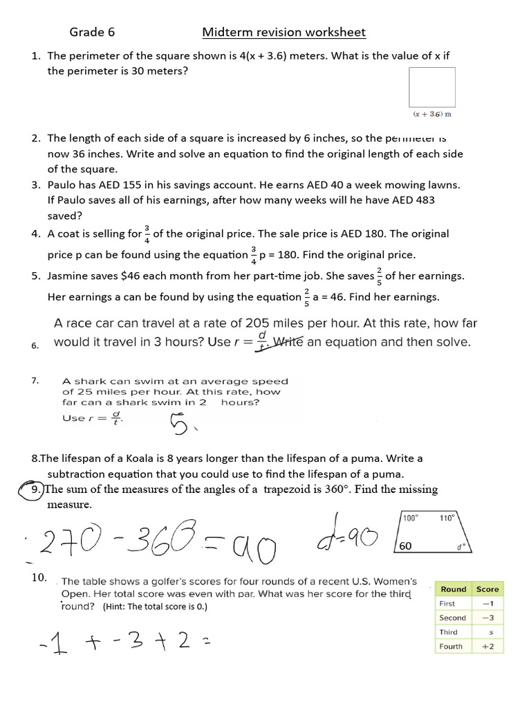 Grade 6 Midterm revision worksheet | PDF | Inequality (Mathematics) | Mathematical Analysis