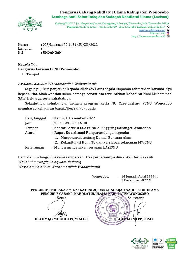 Undangan Rakor Pengurus | PDF