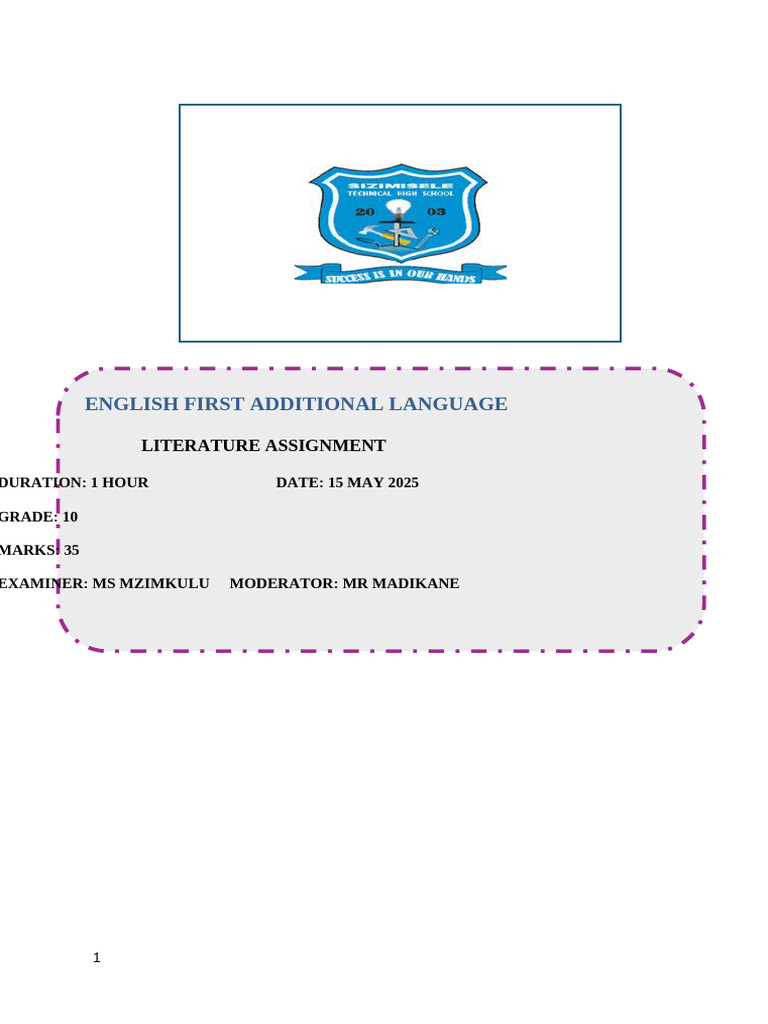 Grade 10 Literature Assignment 2025 | PDF