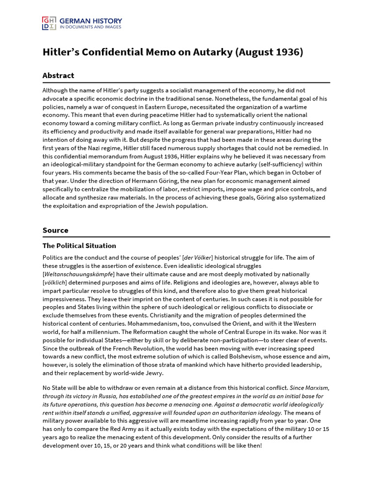 Hitler S Confidential Memo On Autarky August 1936 | PDF | Adolf Hitler ...