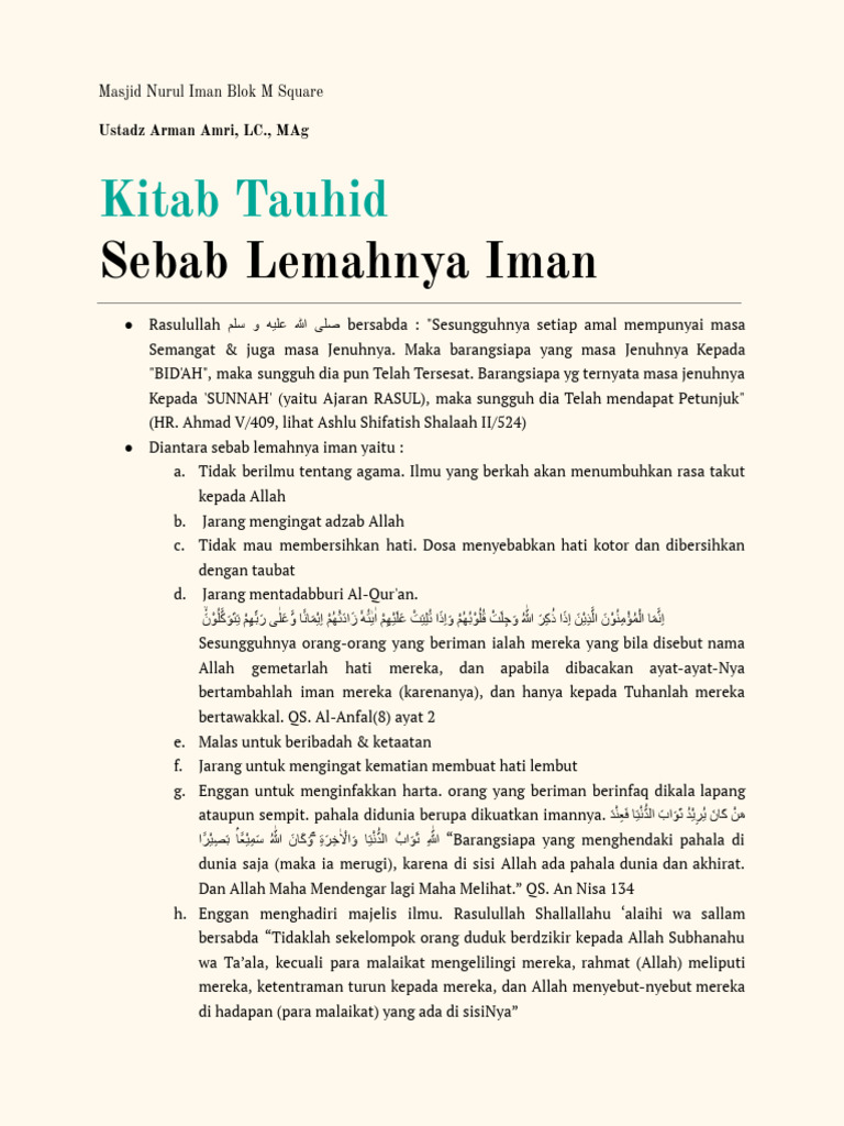 Sebab Lemah Iman - Ustadz Arman Amri, LC., MAg | PDF
